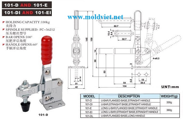 Các kích thước kỹ thuật và thông số của kẹp được cho như ở ảnh catalog dưới đây